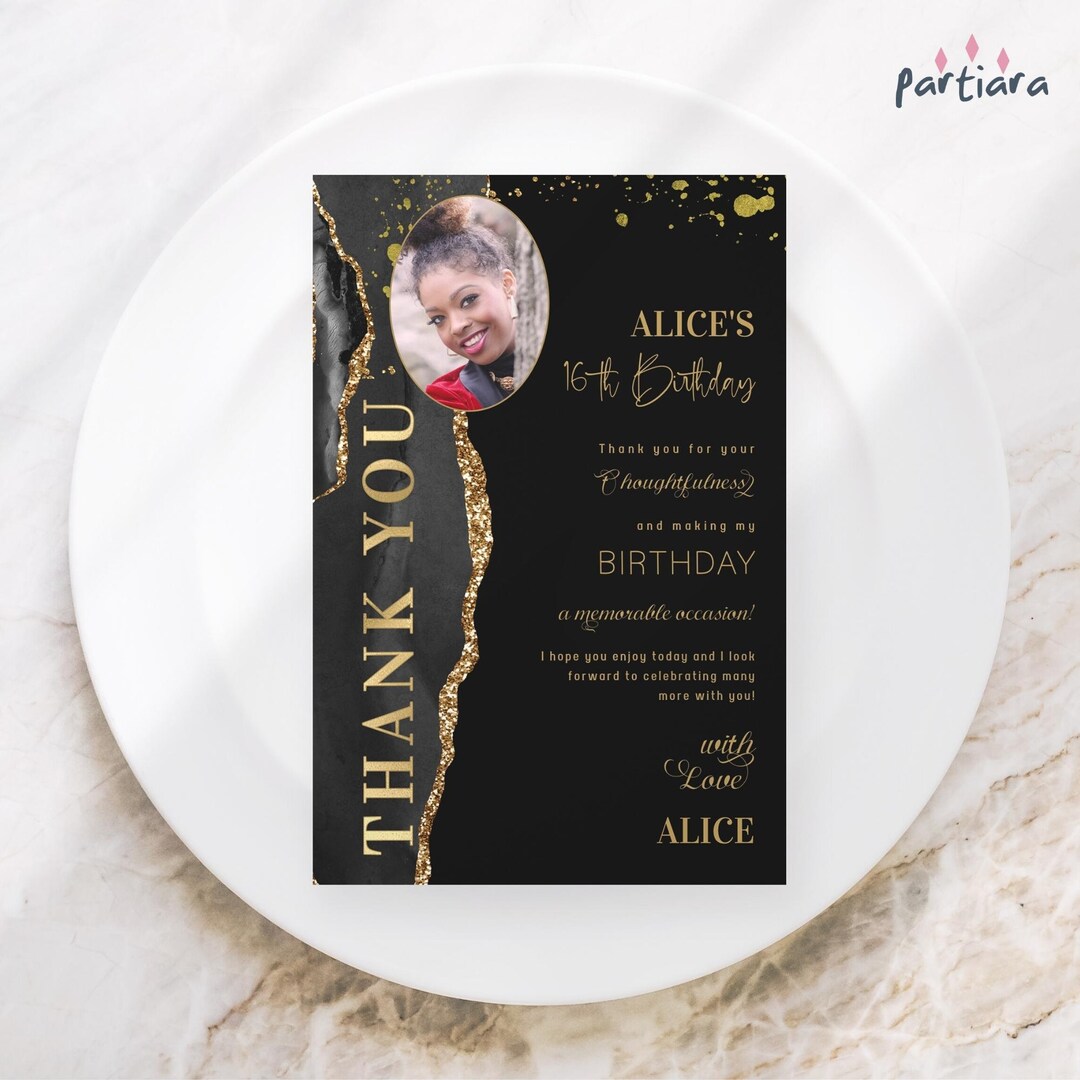 Birthday Table Card Thank You Plate Decor Printable Black Gold Agate ...
