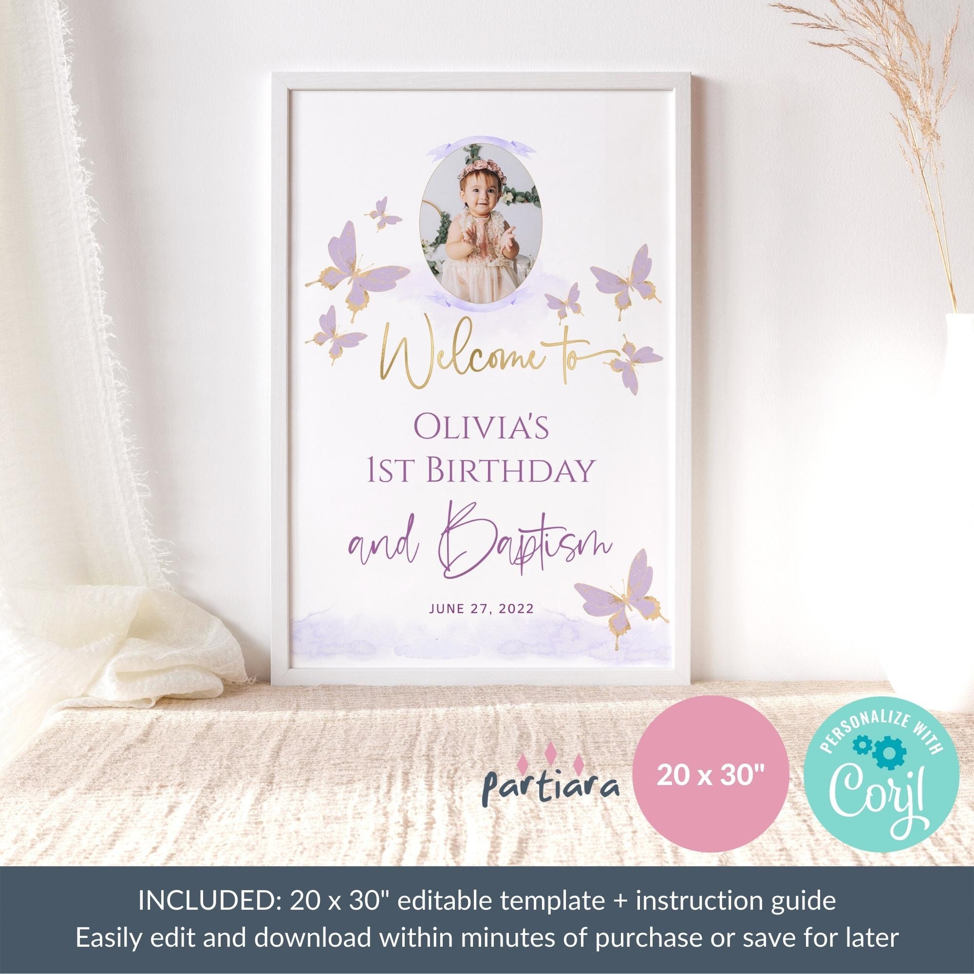 Lilac Gold Butterfly 1st Birthday Photo Welcome Sign Girl Printable ...
