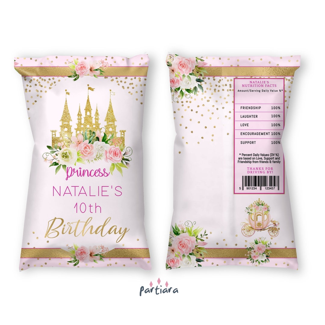 Editable Princess Birthday Chip Bag Template, Girls Pink and Gold ...