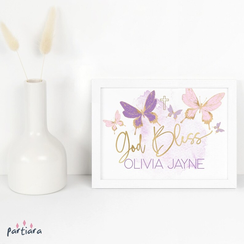 Baptism Butterfly Sign, God Bless Baby Girls Party Table Poster ...