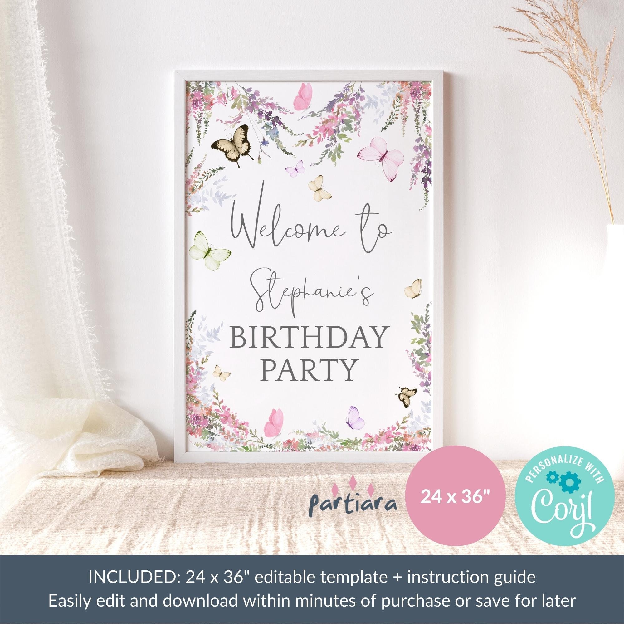 Butterfly Floral Welcome Sign Editable Birthday Party Welcome - Etsy