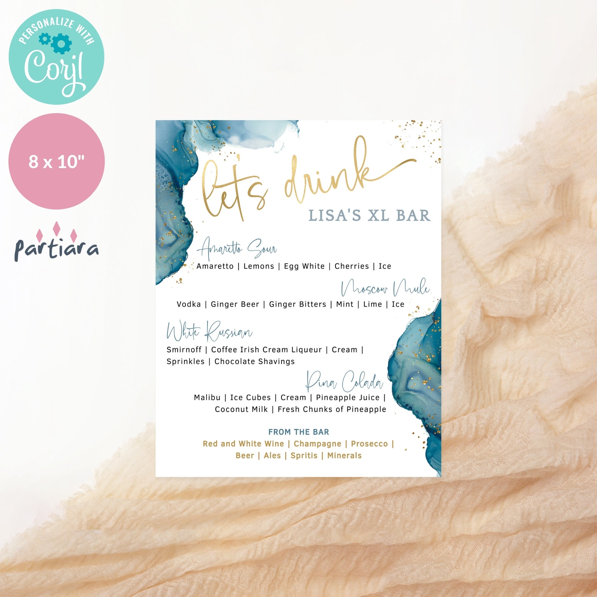 Teal Birthday Bar Menu Sign Printable, Dinner Party Drinks Table Poster ...