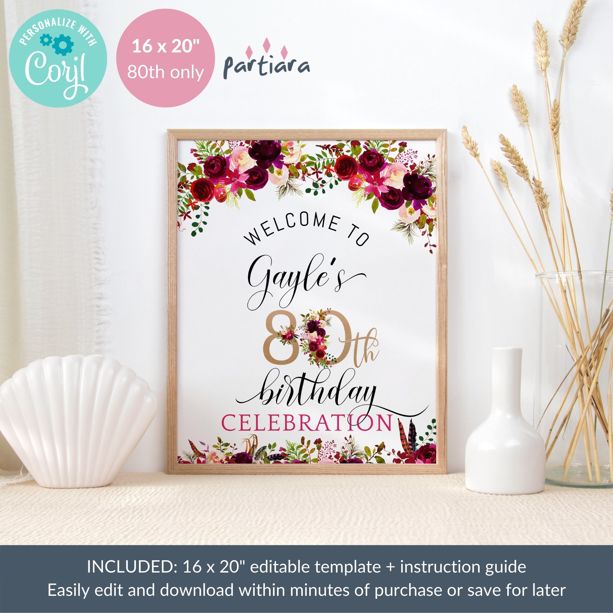 80th Birthday Welcome Sign for Ladies Floral Rose Gold Purple - Etsy UK