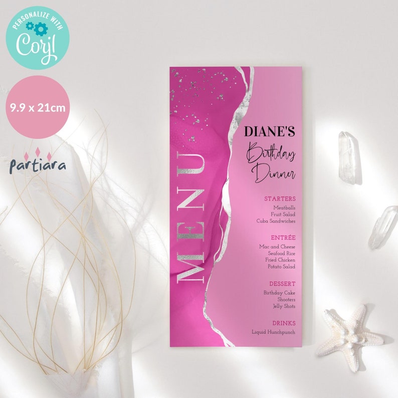 Editable Hot Pink Menu Card Template Fuchsia Silver Birthday - Etsy