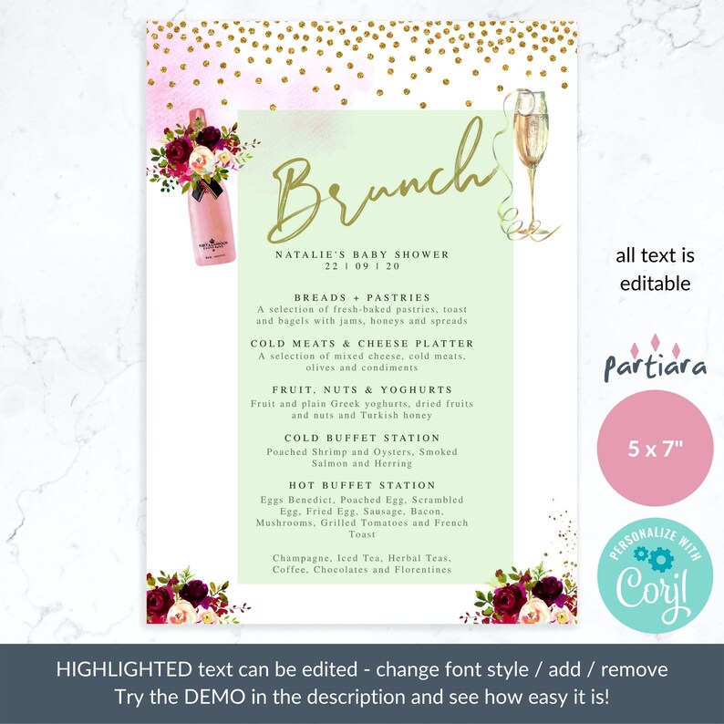 Pink Floral Bridal Shower Brunch Menu Cards Printable Girl - Etsy