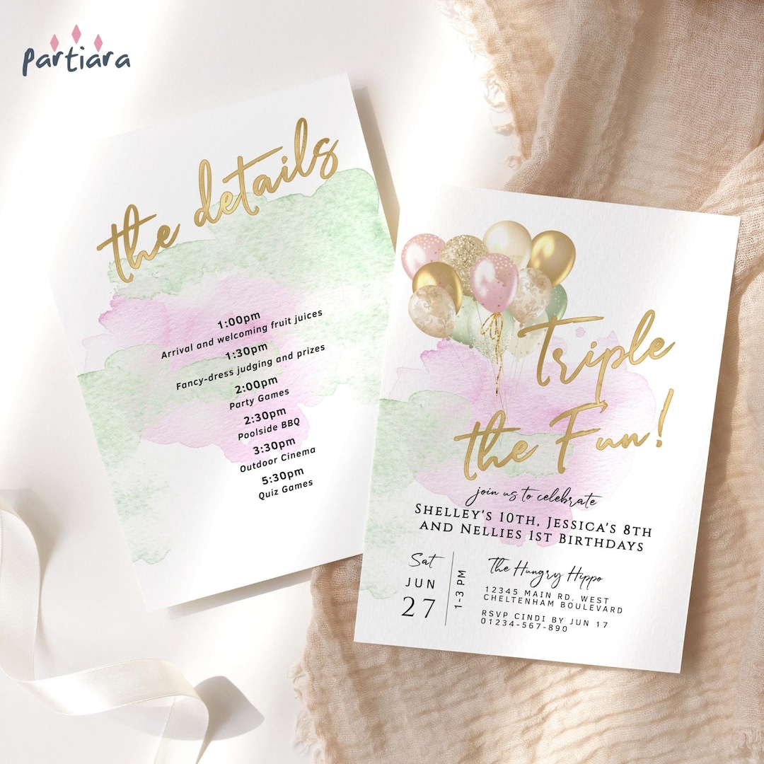 Triple Birthday Invite Girl Joint Party Invitation With Details ...