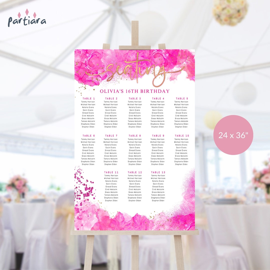 Pink Seating Sign Editable Template, Birthday Dinner Party Tables ...