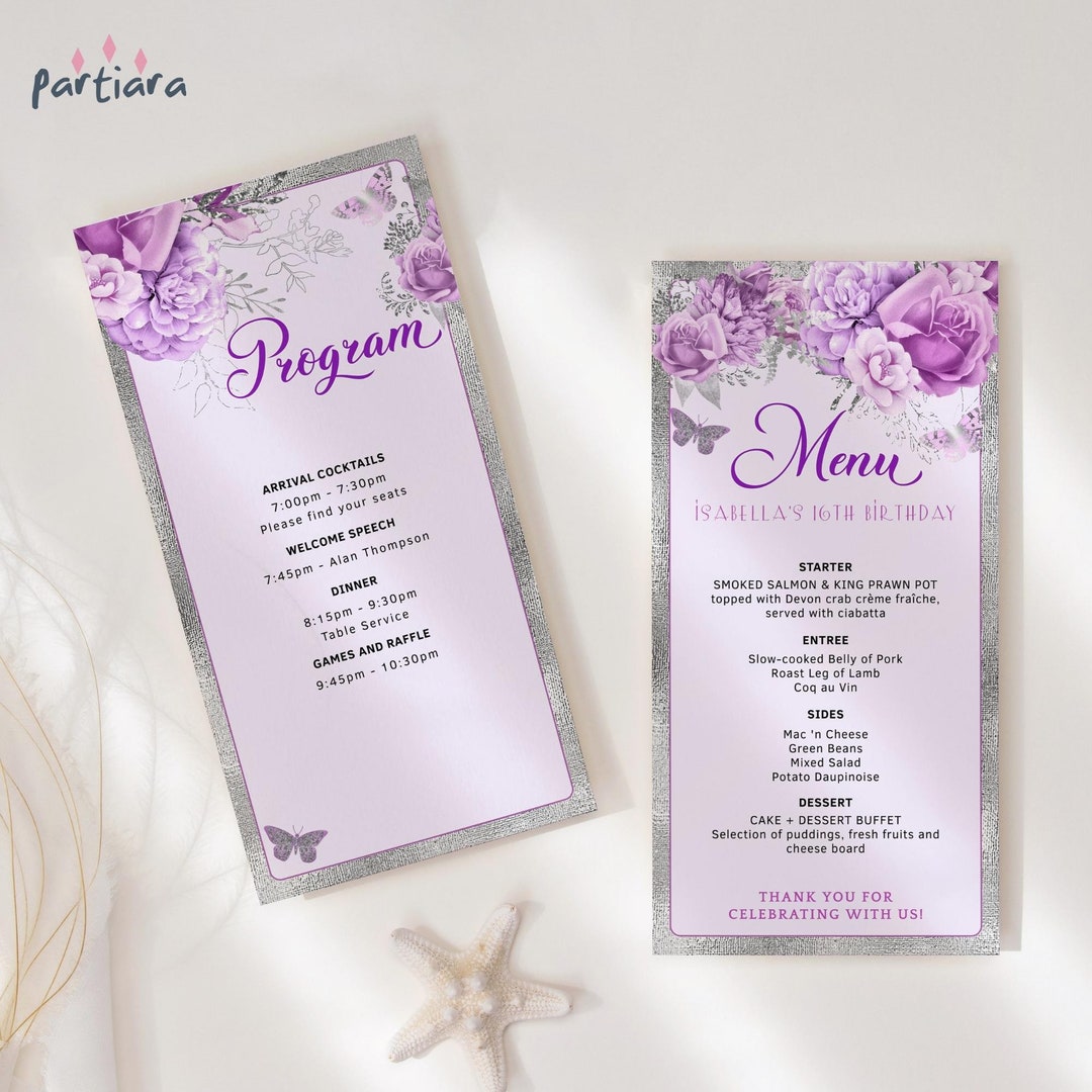 Sweet 16 Birthday Program Menu Template, Girls Quinceanera Programs Printable, Floral Butterfly ...