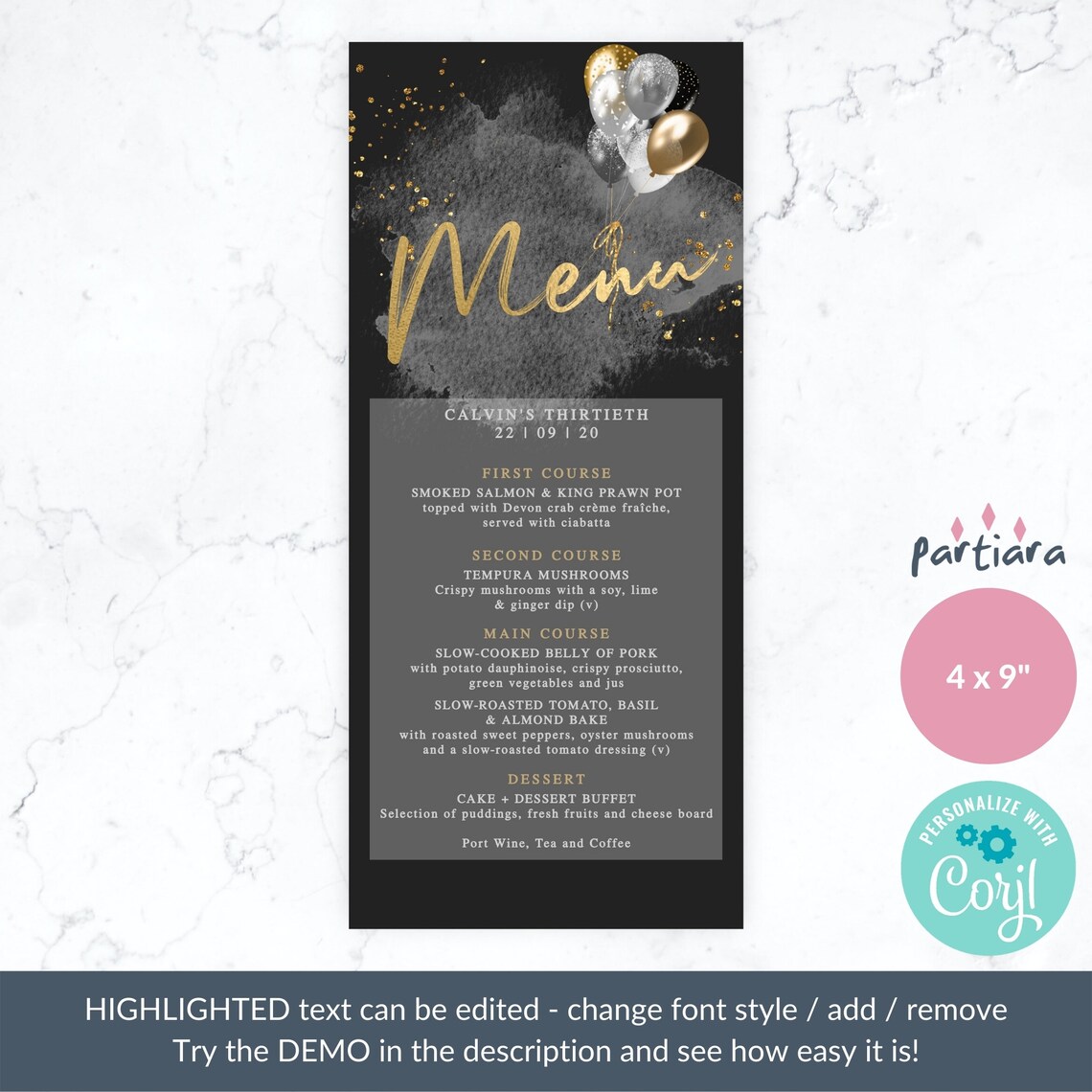 Mens Birthday Menu Template, Black Silver Dinner Party Plate Menus ...