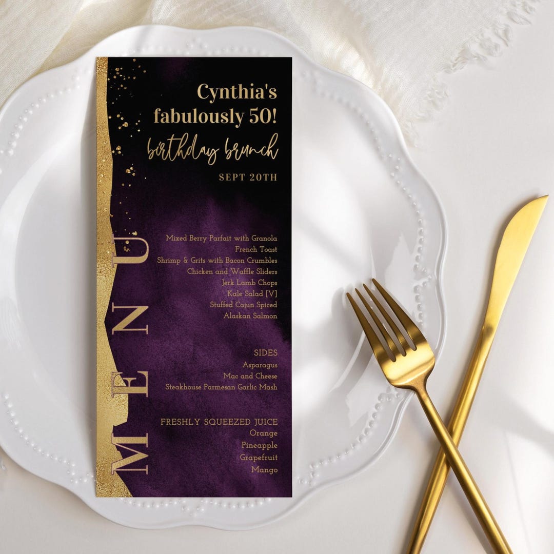 Royal Purple Gold Menu Card Editable Birthday Menus Bridal Wedding ...