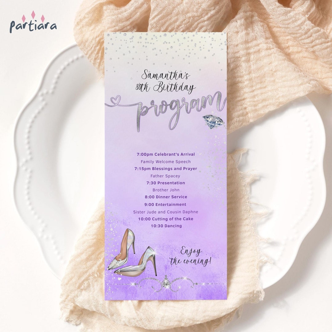 Purple Birthday Program Template, Lilac Silver Dinner Party Table ...