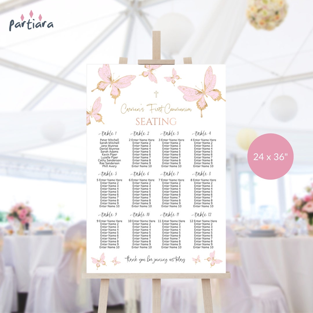 Communion Seating Chart Butterfly Template, Girls Baptism Table Seating ...
