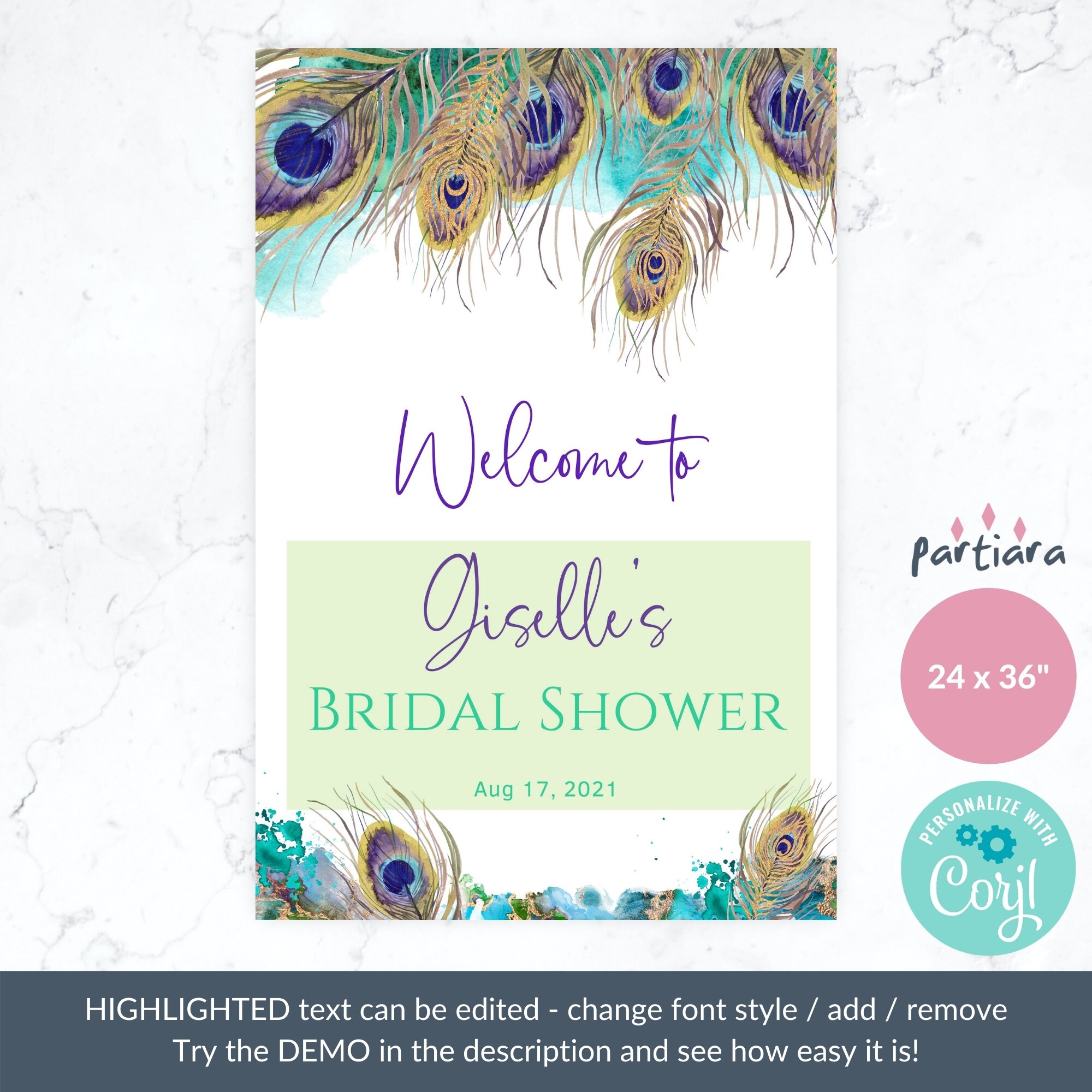 Peacock Feathers Welcome Sign Editable Bridal Shower, Adult Birthday ...