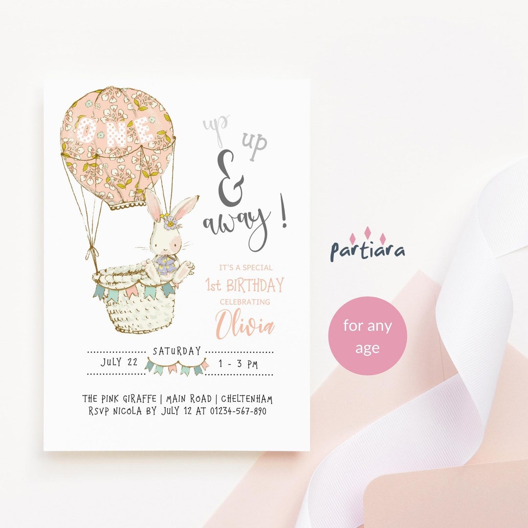 Blush Pink Bunny Birthday Balloon Invitation Girl Printable up - Etsy