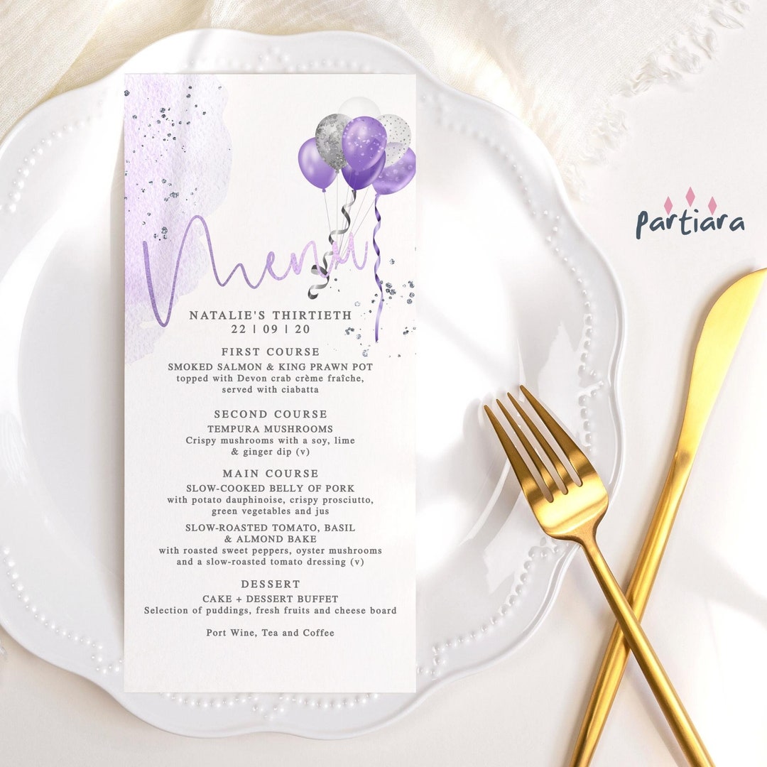 Purple Menu Card, Birthday Dinner Menus Printable, Ladies Table Menu ...