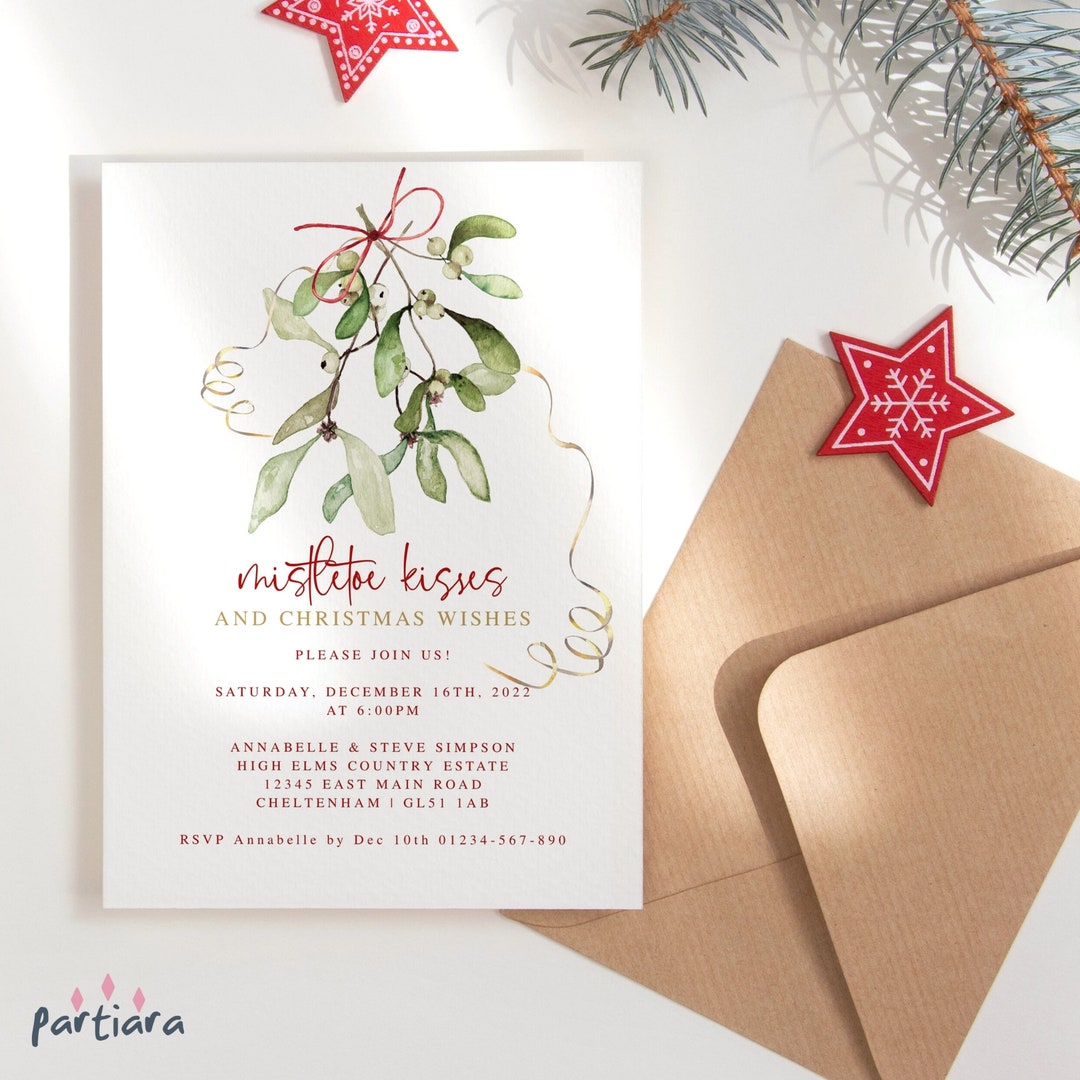 Mistletoe Kisses Invite Christmas Wishes Party Invitation Elegant ...