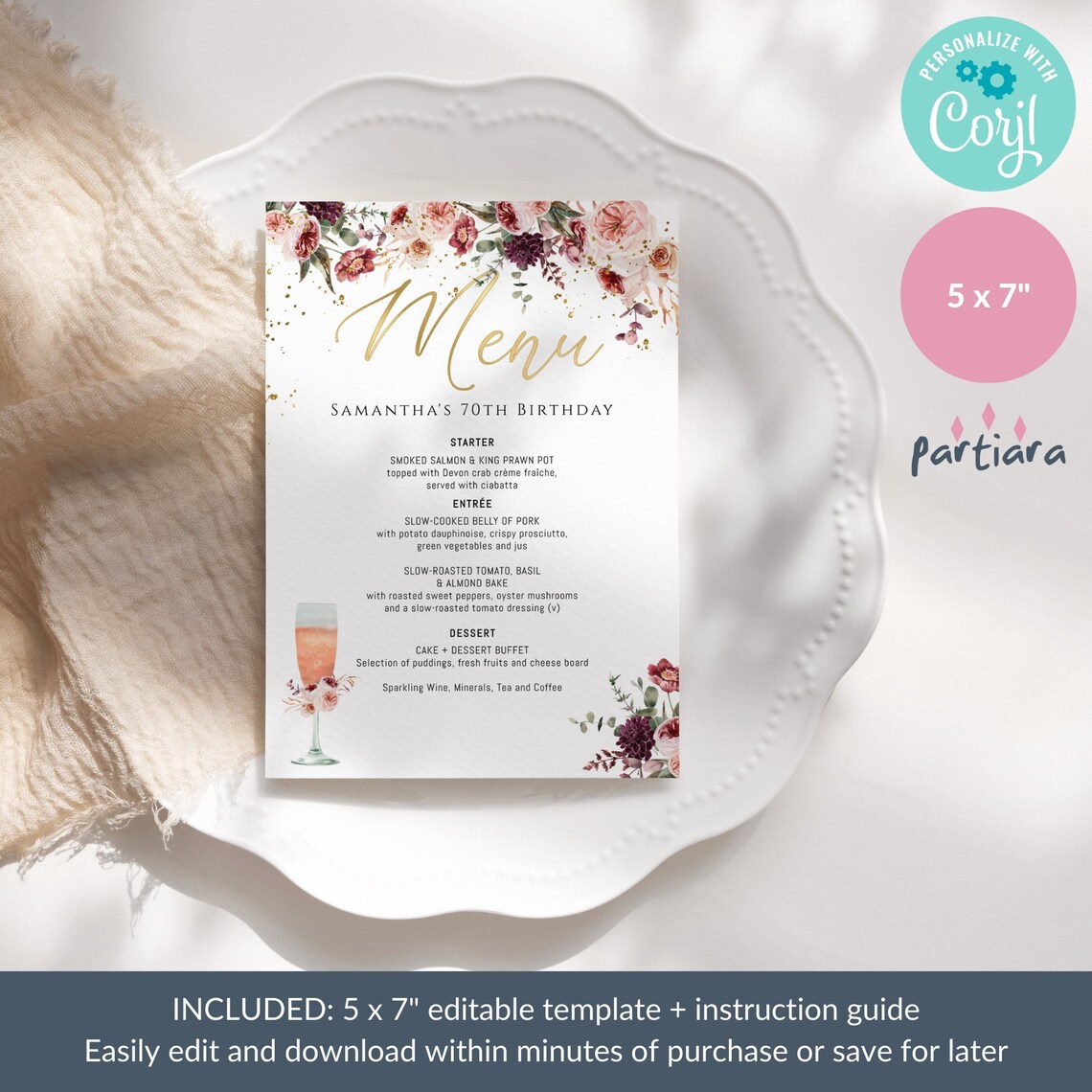 Birthday Menu Template Floral Dinner Party Menus Printable, Ladies 50th ...