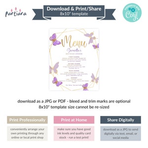 Purple Butterfly Menu, Birthday Menus Printable for Teen Girls or ...