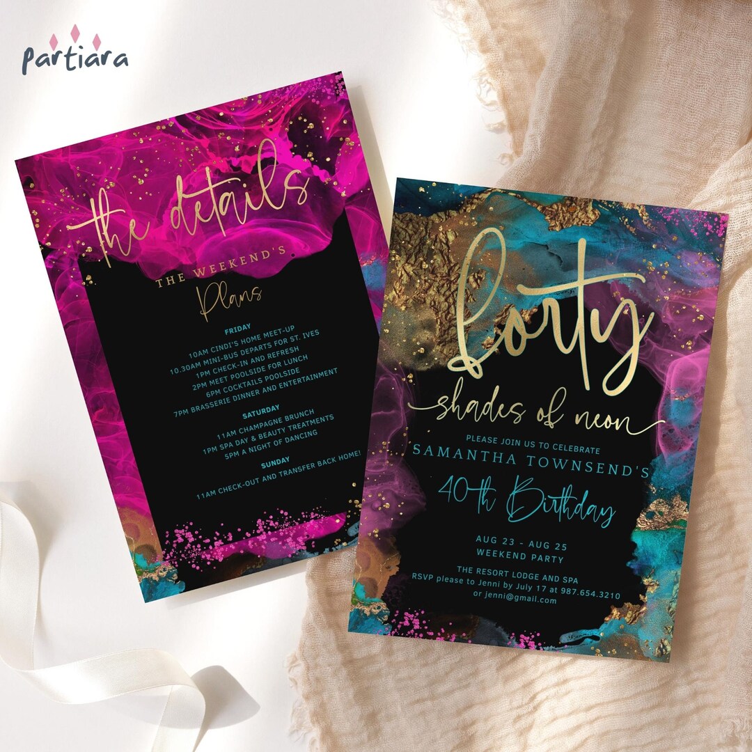 Neon 40th Birthday Invitation With Itinerary Ladies Weekend Pamper Spa ...