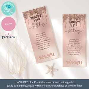 Editable Rose Gold Menu Card Template Girl's 18th Birthday Party Slim ...