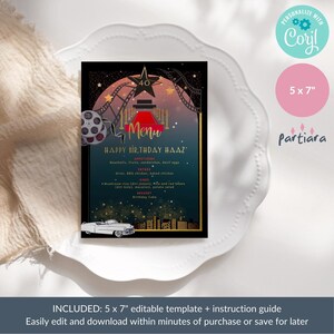 Hollywood Theme Party Menu Card Birthday Menus Red Carpet Awards Event ...