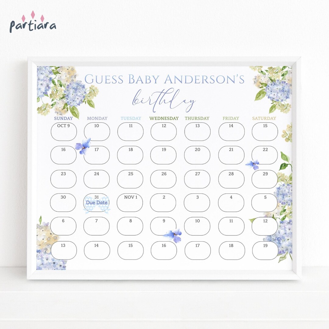 Blue Hydrangea Baby Shower Game, Birth Date Calendar Prediction Sign ...