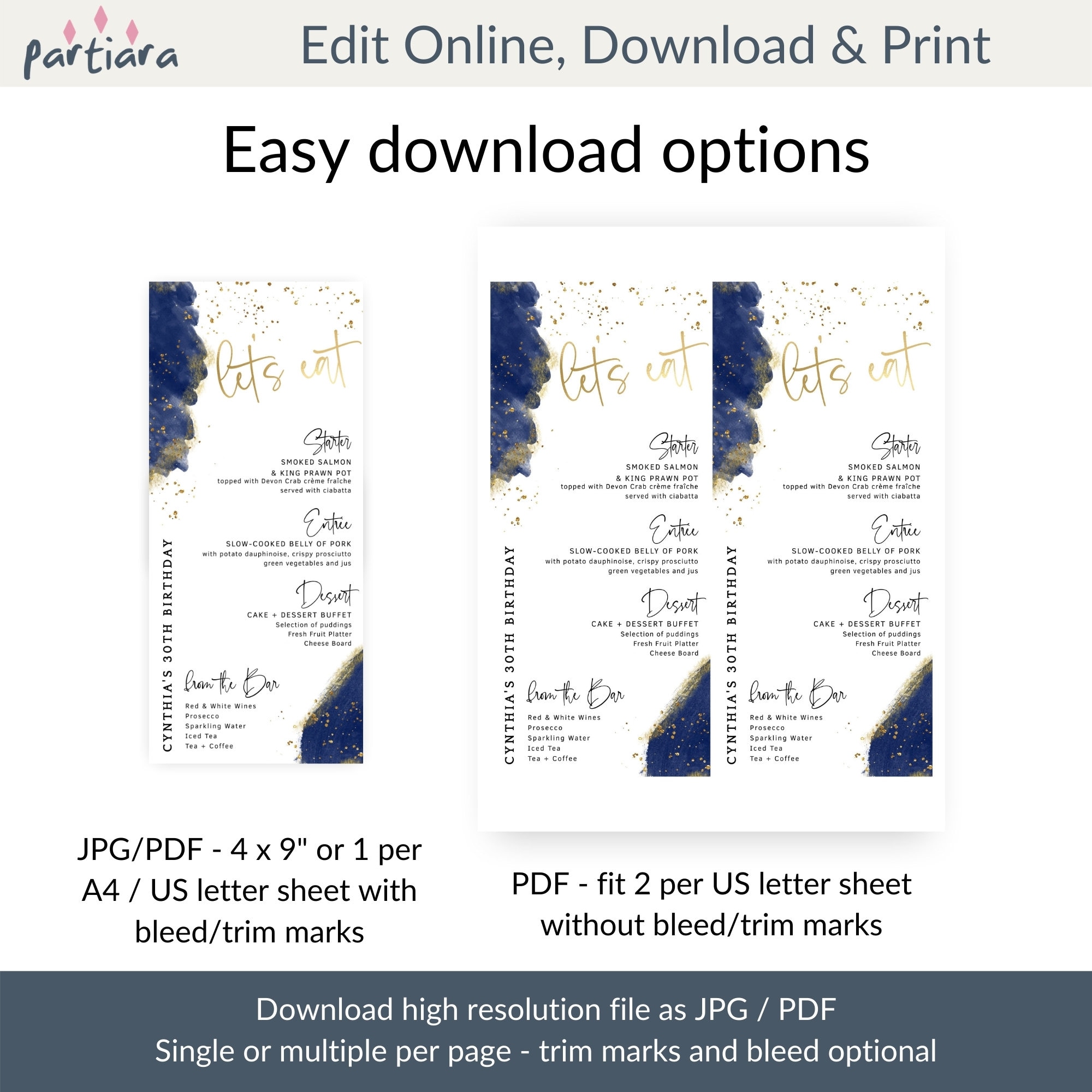 Blue Gold Menu Card Editable Template Birthday Party Dinner Table Menus ...