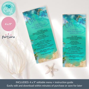 Editable Table Menu Card Template, Turquoise Blue Gold Birthday Menus ...