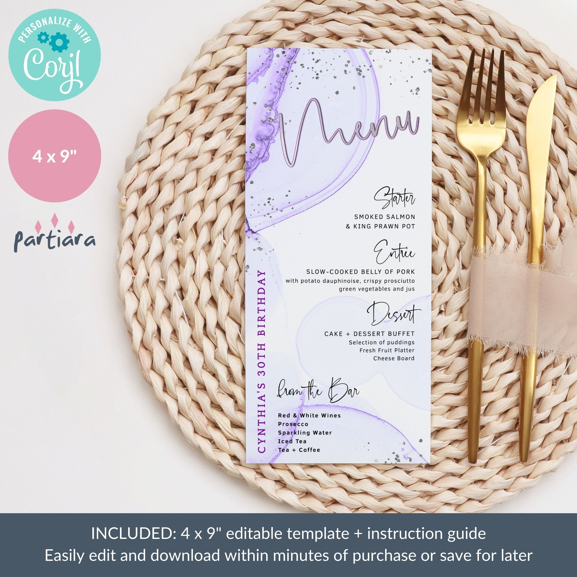 Lilac Silver Menu Template, Ladies Birthday Dinner Menus Editable ...
