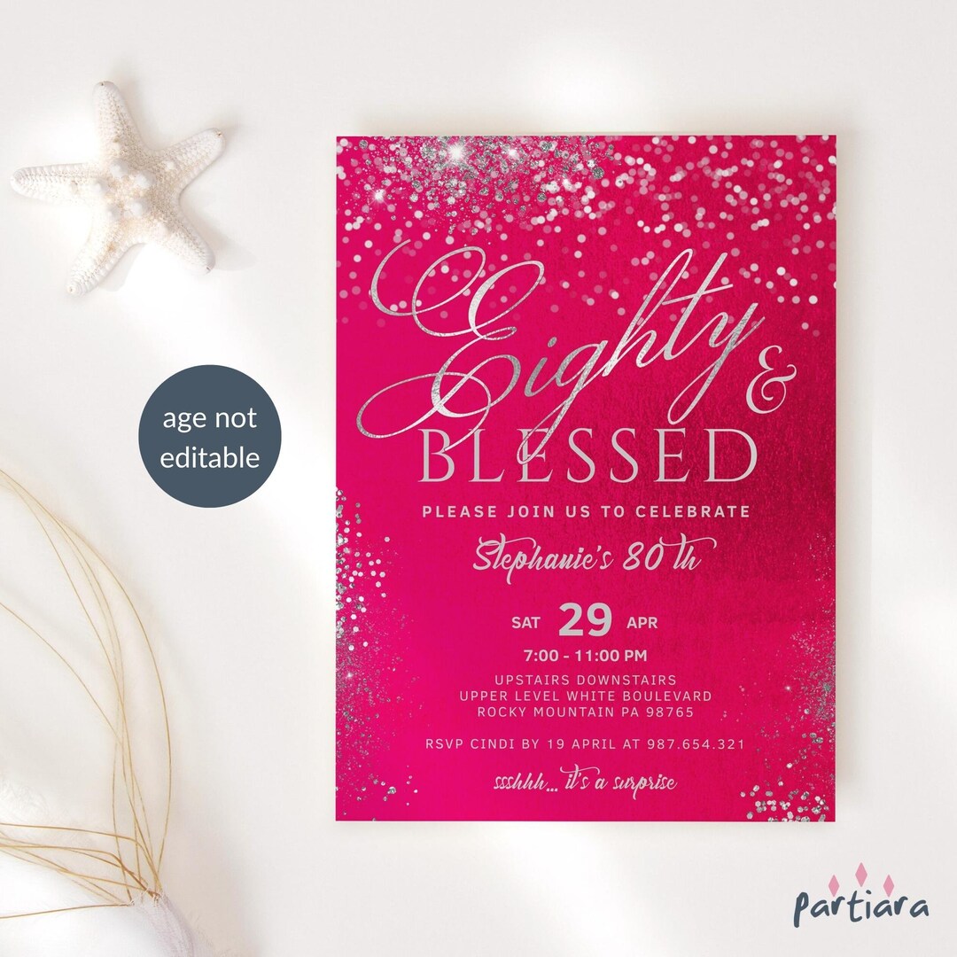 Editable Eighty Blessed Invite 80th Birthday Invitation Printable Hot ...
