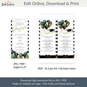 Green Gold Graduation Party Menu Program Template Editable Men Ladies ...