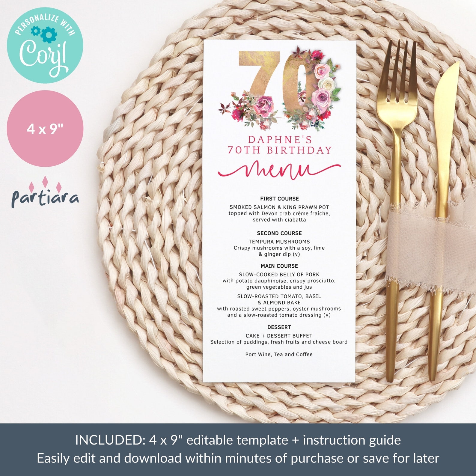 Floral 70th Birthday Menu Template, Editable Pink Red Rose Table Menus ...