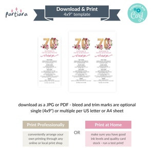 Floral 70th Birthday Menu Template, Editable Pink Red Rose Table Menus ...