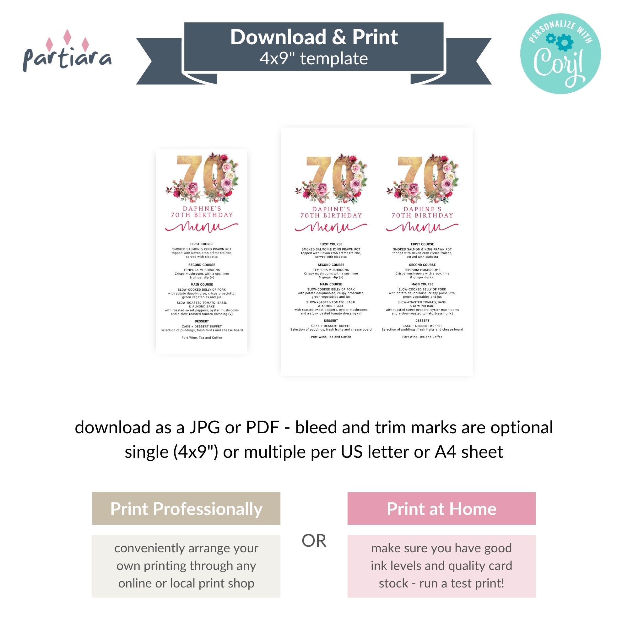 Floral 70th Birthday Menu Template, Editable Pink Red Rose Table Menus ...
