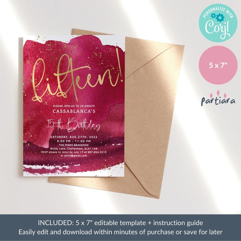 Red Gold 15th Birthday Invitation Girl's Printable Ruby | Etsy