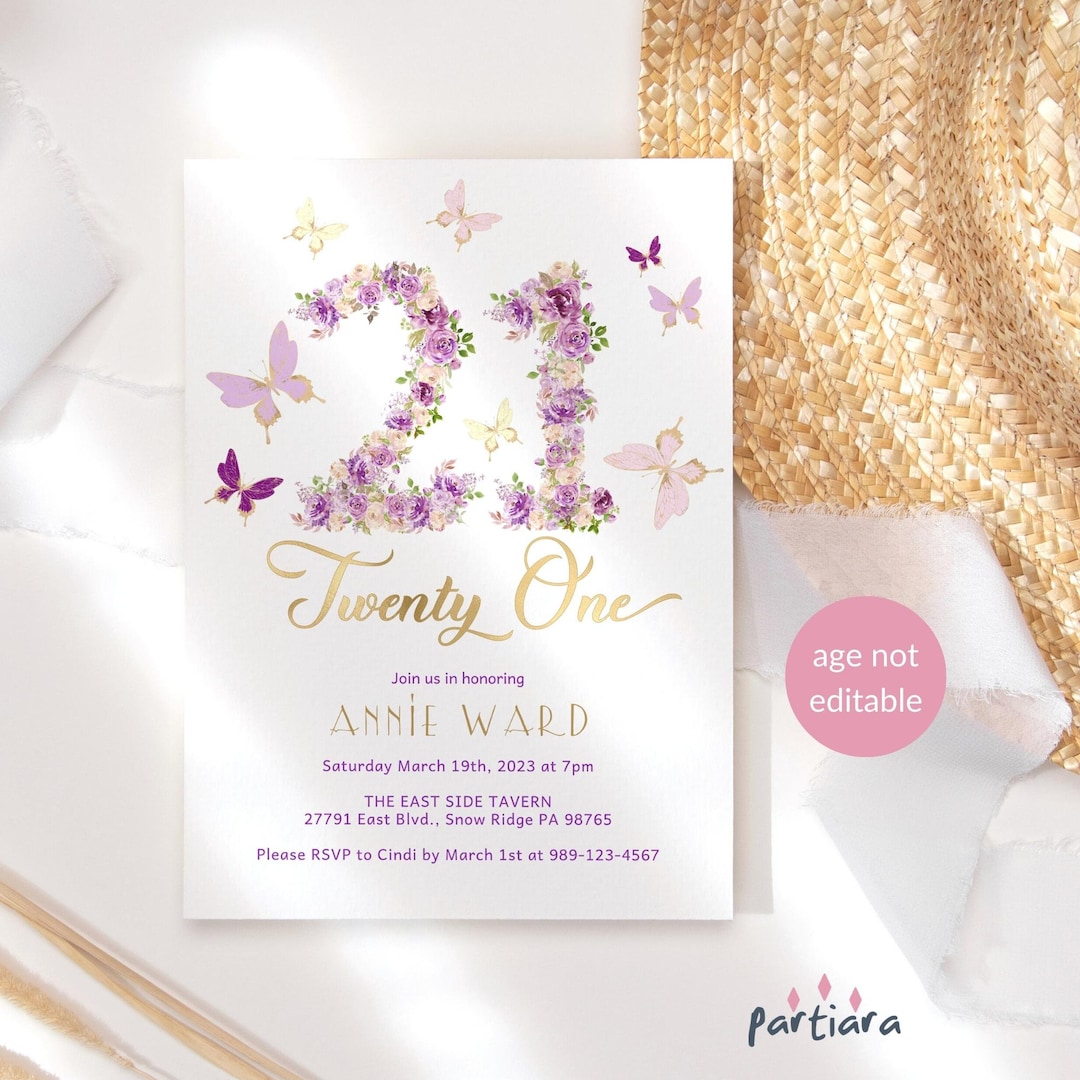 Floral 21st Birthday Invite Butterfly Twenty One Dinner Party ...