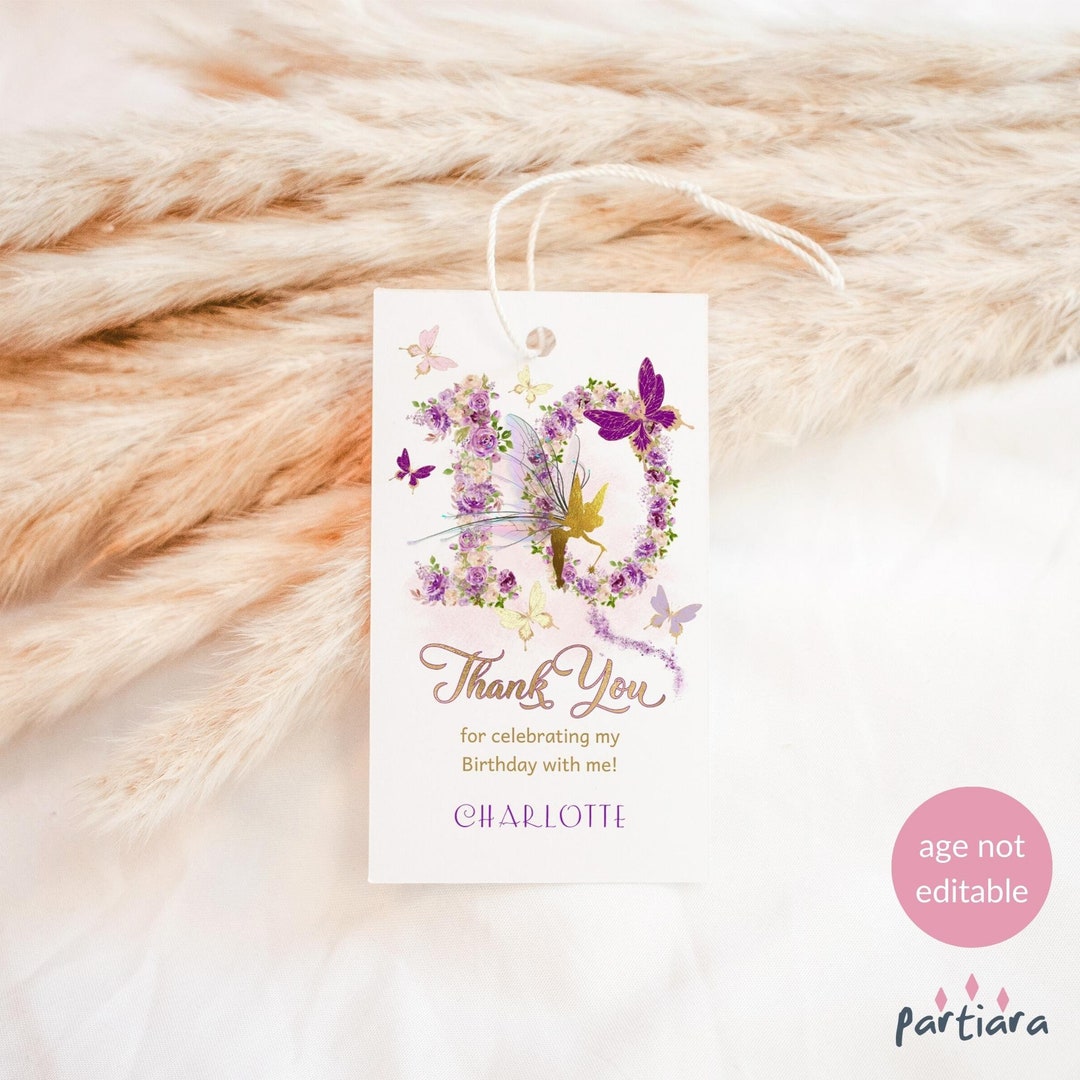 10th Birthday Tags Favor Gifts Thank You Label Butterfly Fairies Floral ...