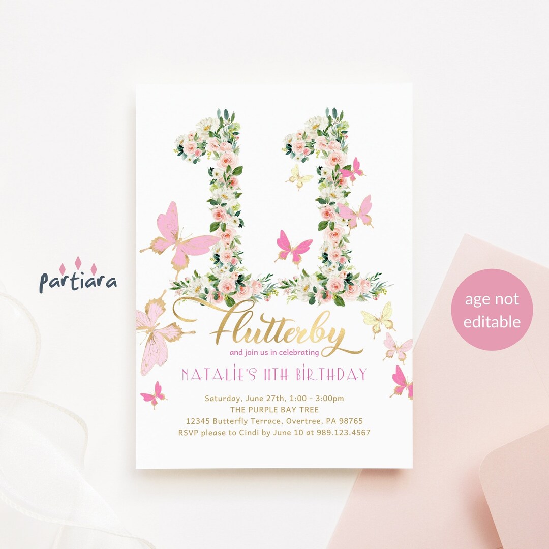 Girl 11th Birthday Butterfly Invitation Printable Flutterby Tea Party ...