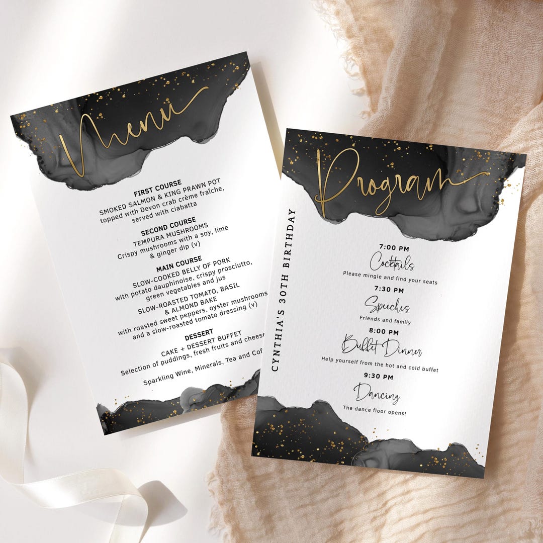 Birthday Program Template With Menu Card Digital Download, Black White ...
