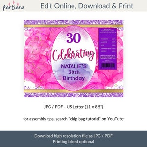 Teen Girls Birthday Chip Bags Printable Purple Hot Pink Gold Disco ...