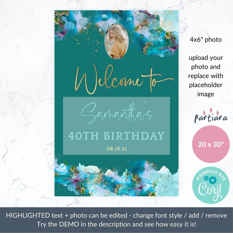 Ladies Birthday Welcome Sign Emerald Teal Gold Dinner Party Photo ...