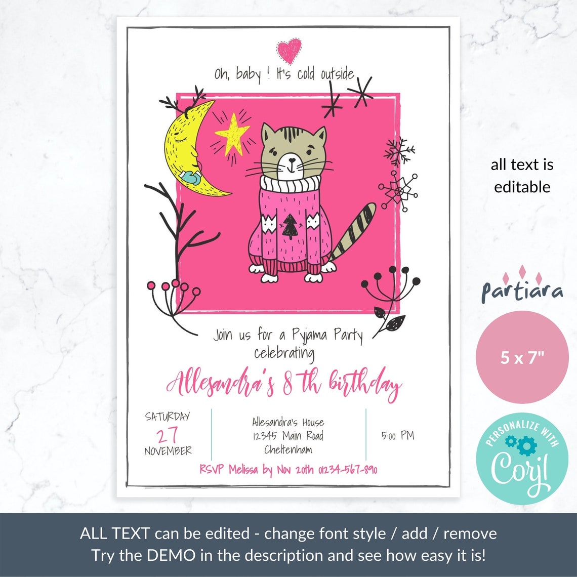 Birthday Kitty Cat Sleepover Party Invite Girl Winter Holidays - Etsy