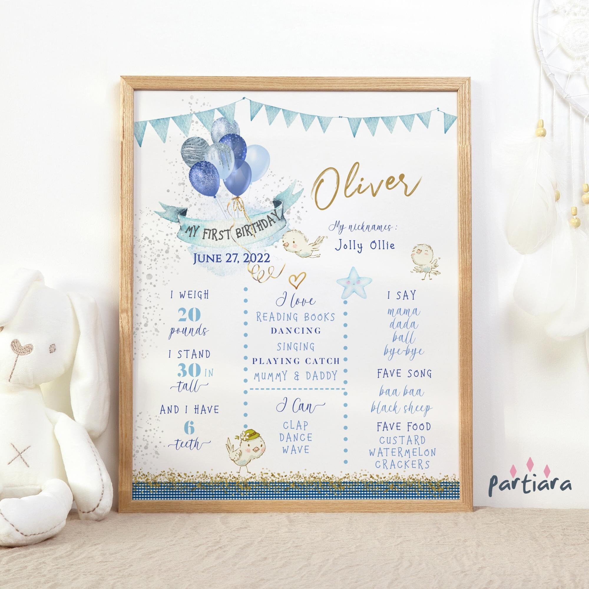 1st Birthday Milestone Chart Printable Boy Pastel Blue Silver - Etsy