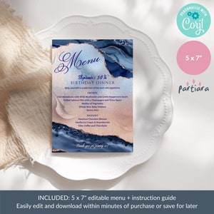 Editable Rose Pink Blue Menu Card Template, Ladies 50th 60th 70th ...