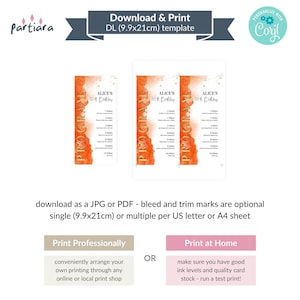 Editable Program Card Template Orange Gold Birthday Dinner Party Tables ...