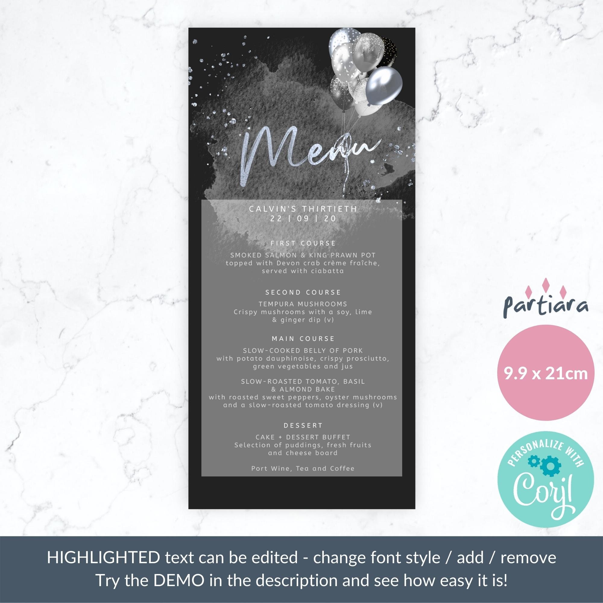 Editable Black and Silver Menu Template, Birthday Party Dinner Menus ...