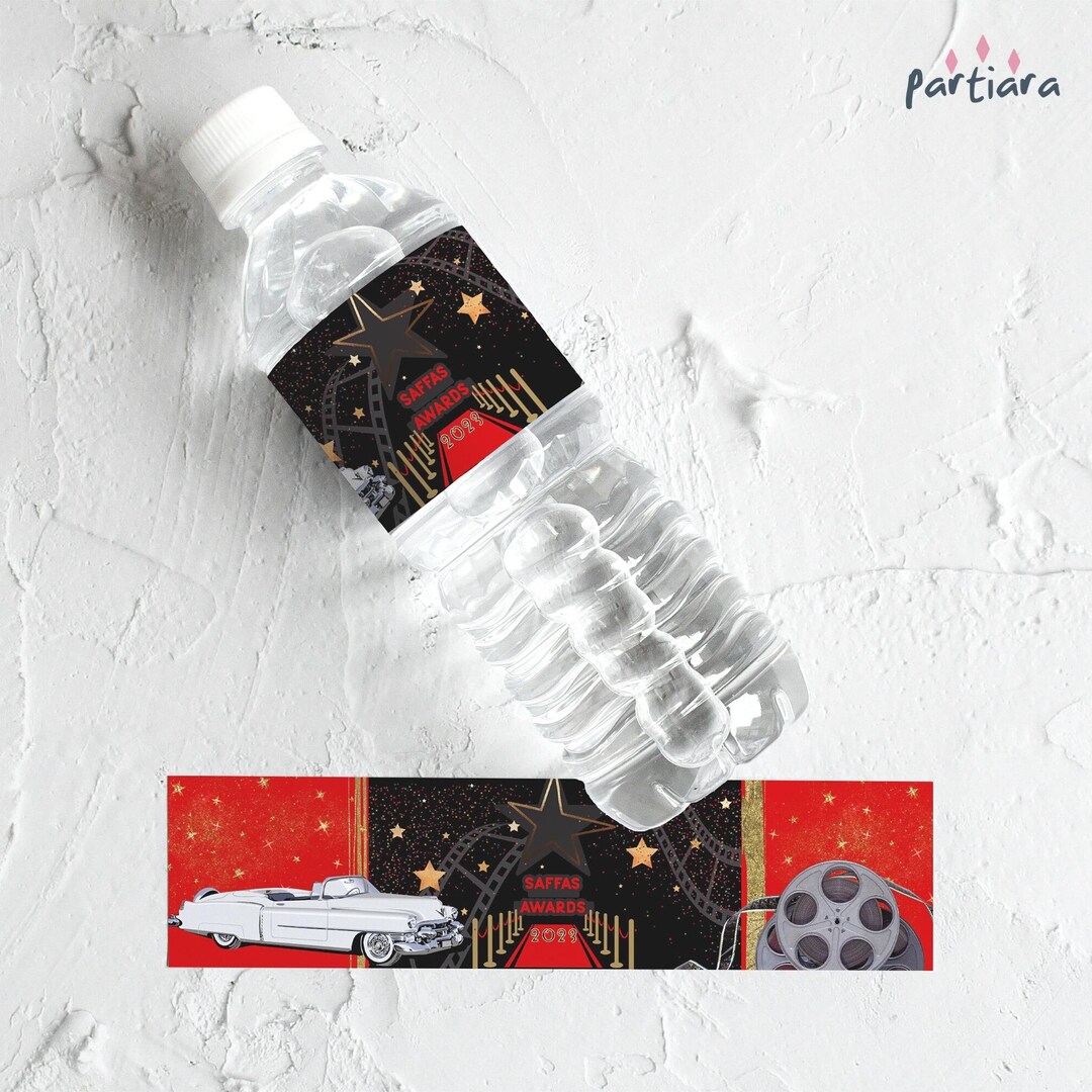Editable Cinema Party Water Labels Template, Hollywood Red Carpet Event ...