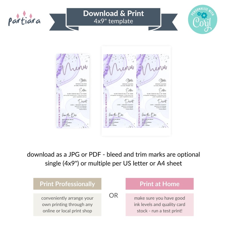Lilac Silver Menu Template, Ladies Birthday Dinner Menus Editable ...