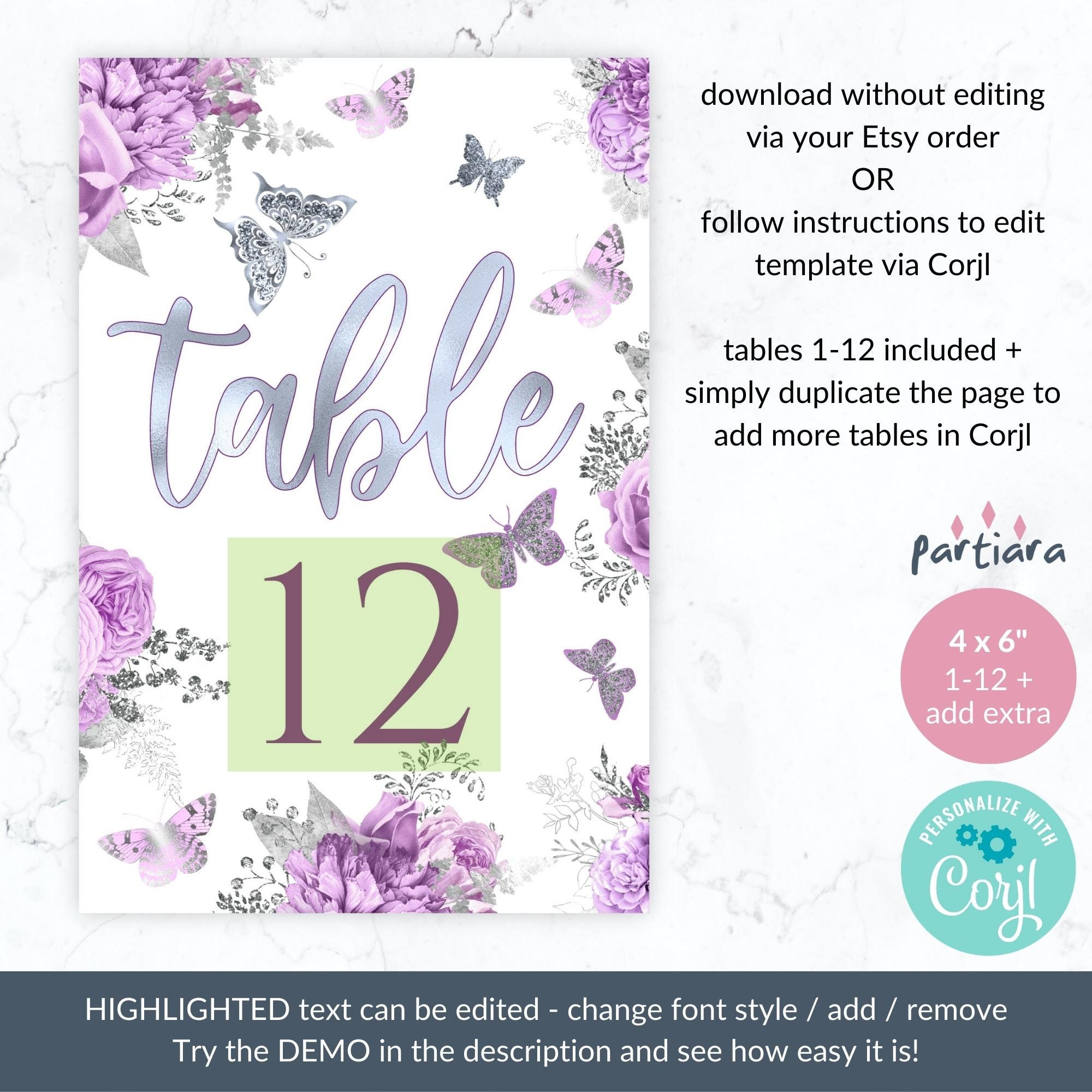 Butterfly Table Numbers Purple Silver Birthday Butterflies Party ...