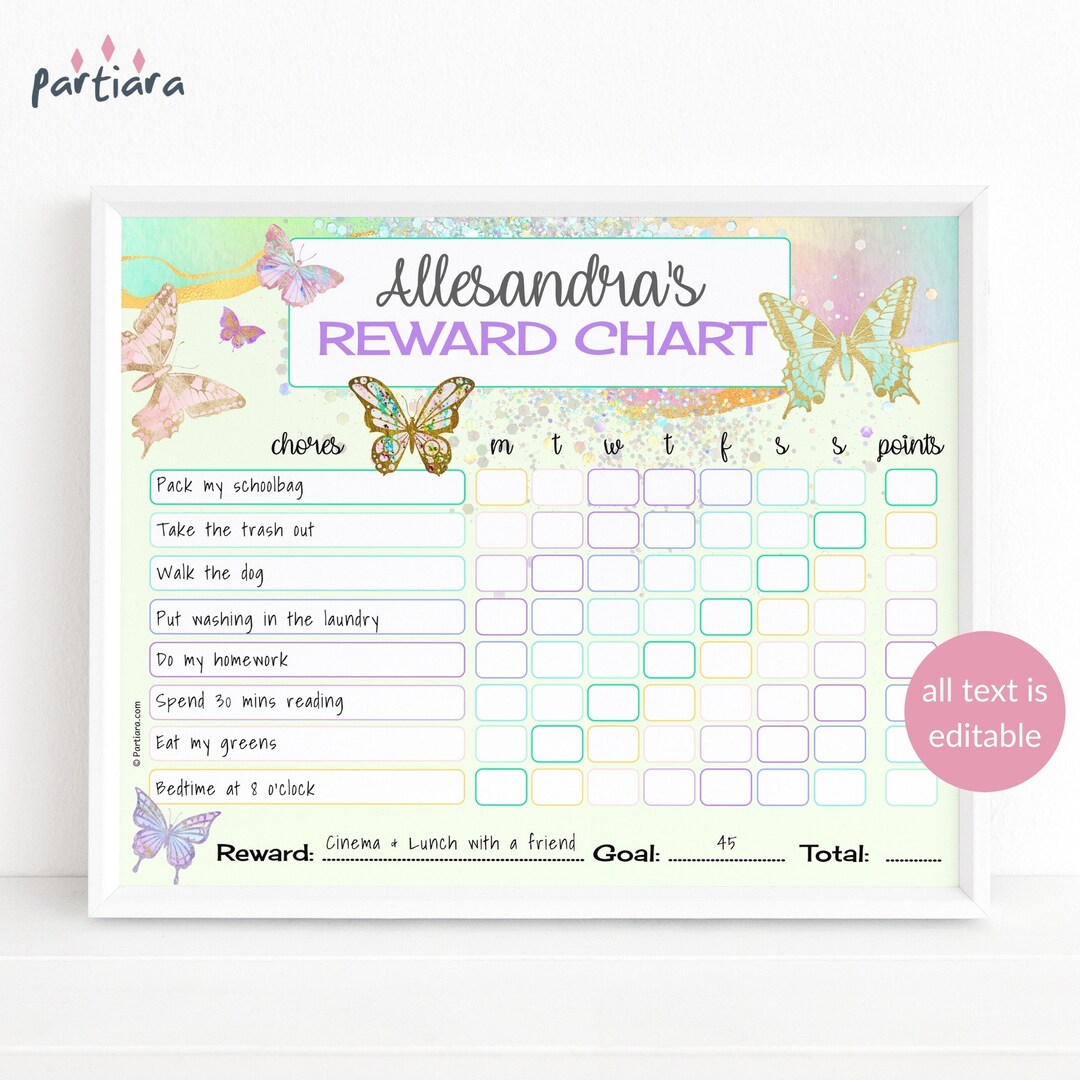 Editable Reward Chart Girl Butterflies Printable Daily Chores Schedule ...